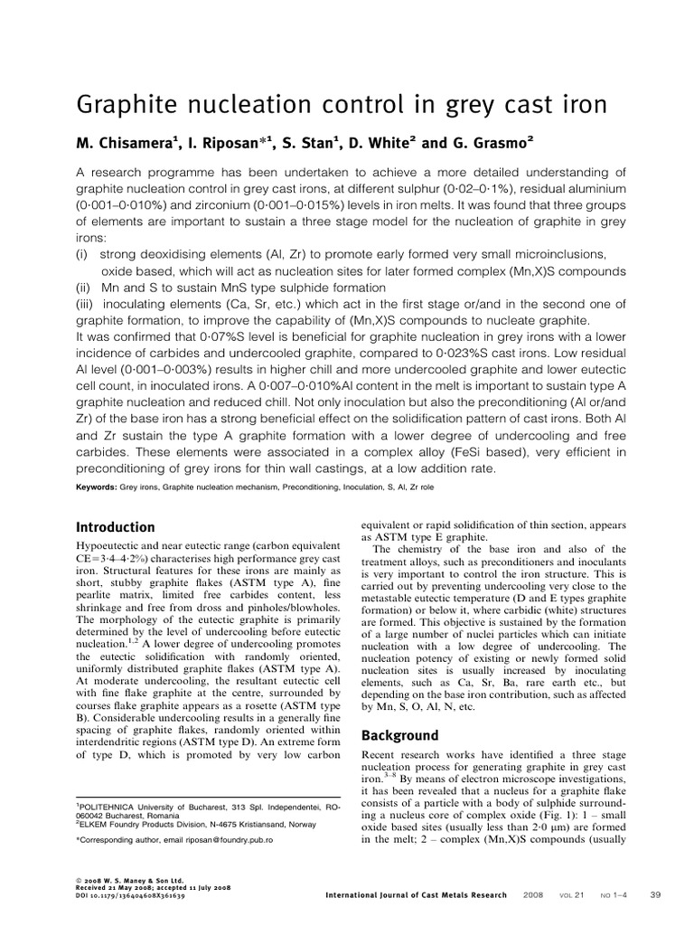 Graphite Nucleation Control In Grey Cast Iron Pdf Cast Iron Iron