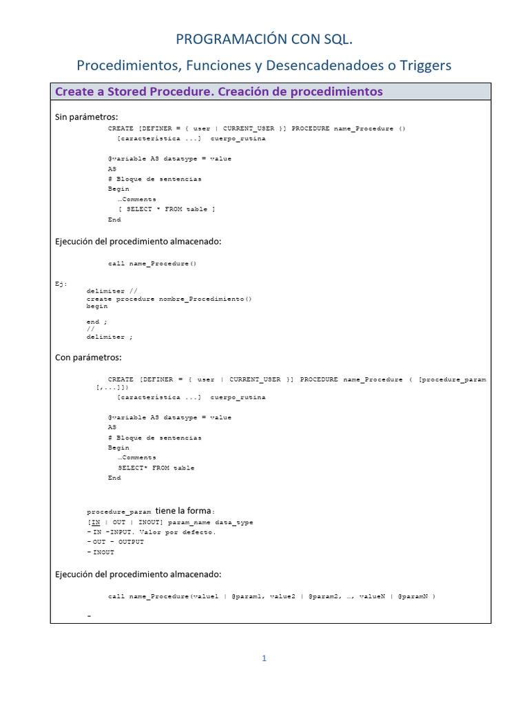 Resumen - ProgramacionConSQL - ProcedimientosFuncionesYDesencadenadores | PDF | SQL ...