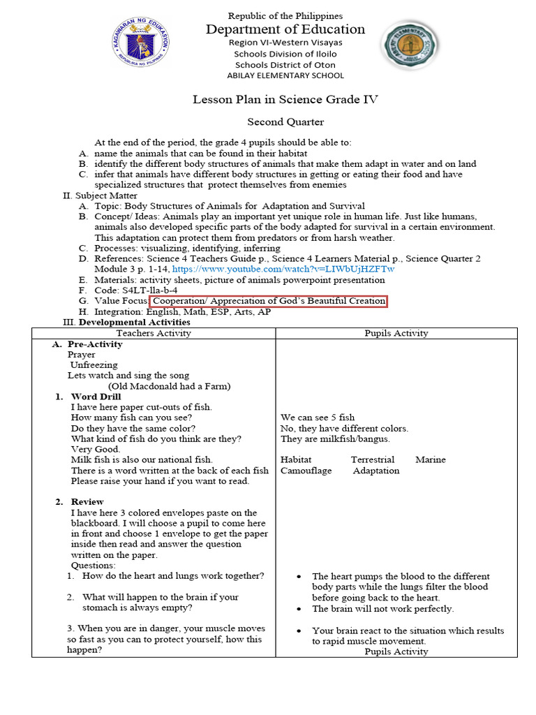 2nd COT Lesson Plan in Science Grade 4 April Copy Recent | PDF | Mimicry | Habitat