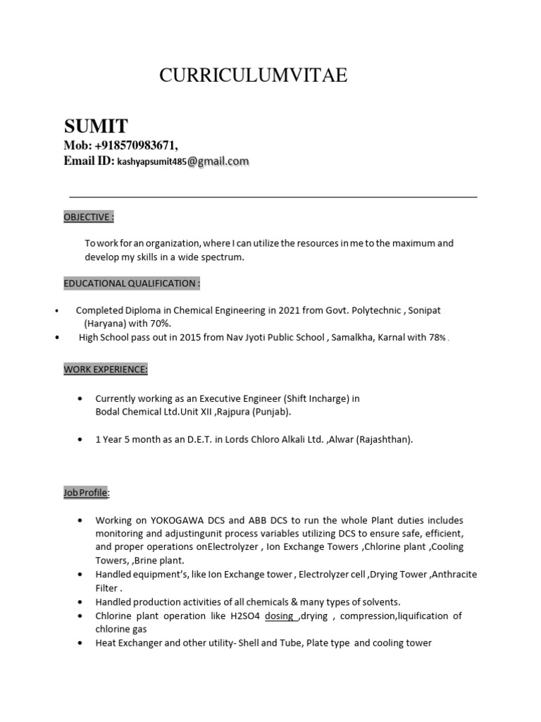 Sumit Resume | PDF | Energy Technology | Chemical Engineering