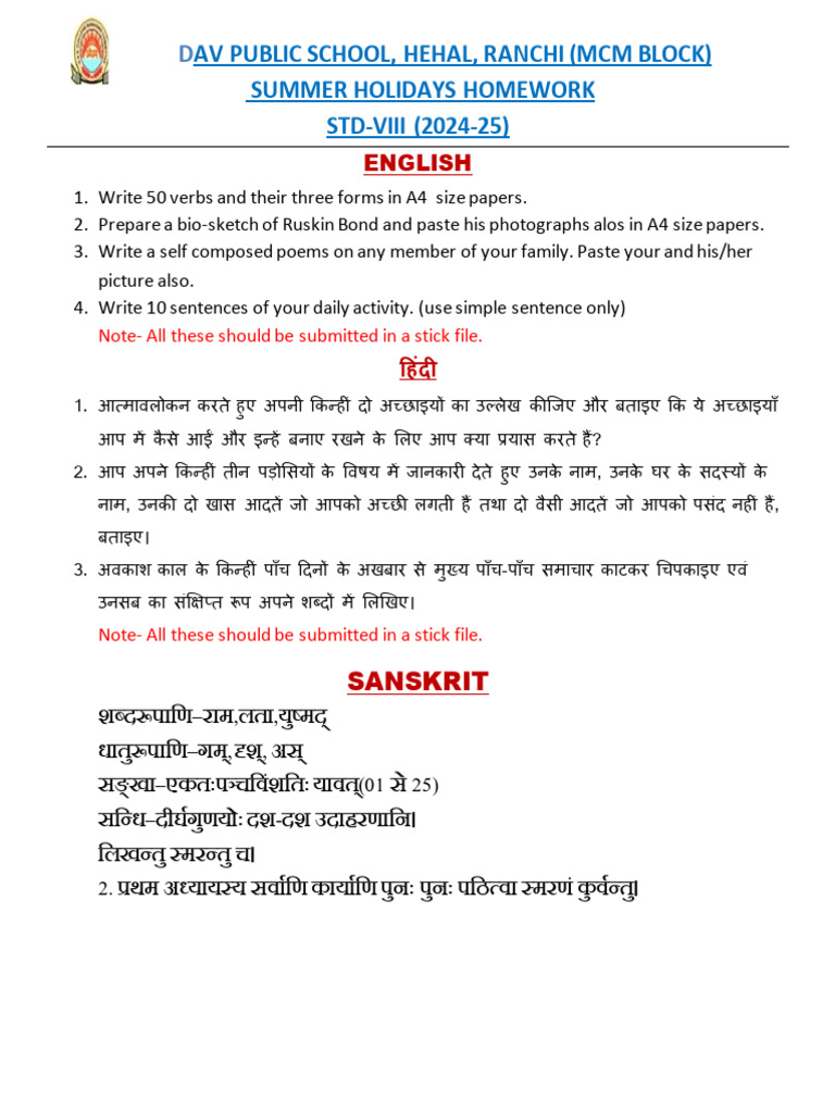 Class VIII Summer Homework 2024 | PDF | Foreign Language Studies | Teaching Methods & Materials