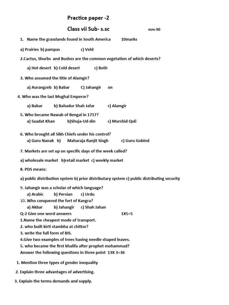 Class Vii Social Sci. Sample Paper 2 | PDF