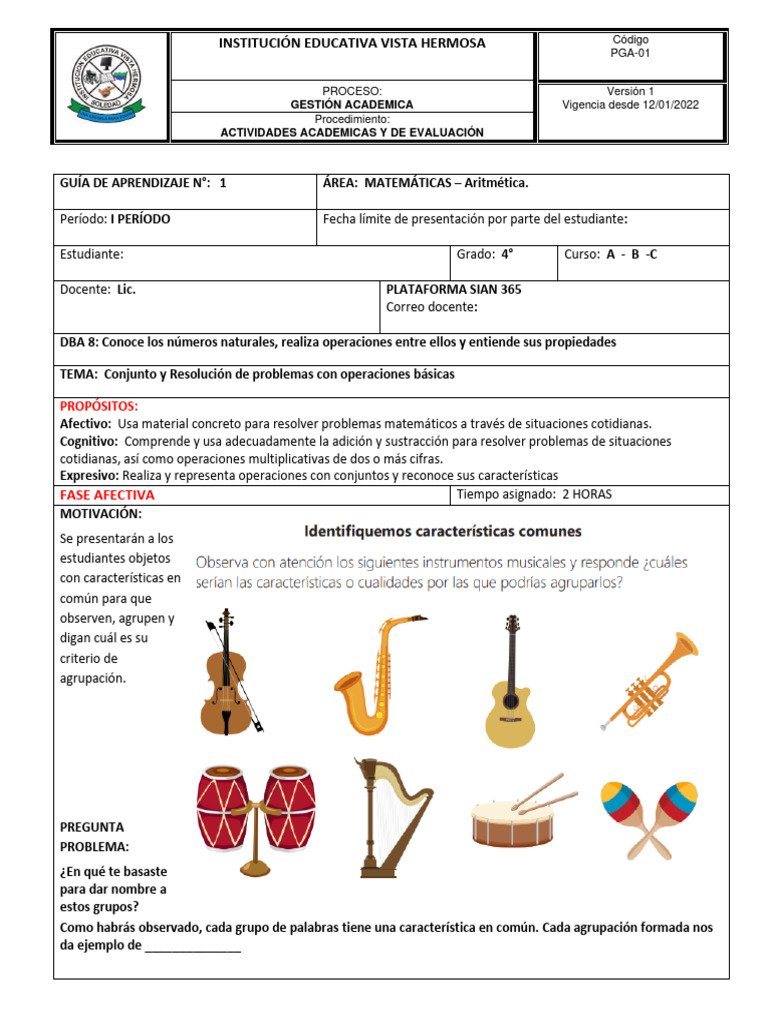Guía 1 CONJUNTO Y OPERACIONES BASICAS 4 | PDF | Lápiz | Conjunto ...