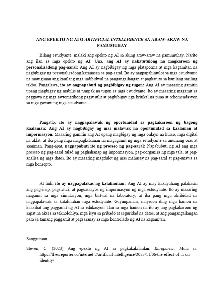 Ang Epekto NG Ai o Artificial Intelligence Sa Araw | PDF