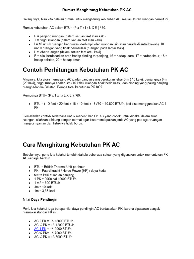 Rumus Menghitung Kebutuhan PK AC | PDF | Teknologi & Rekayasa