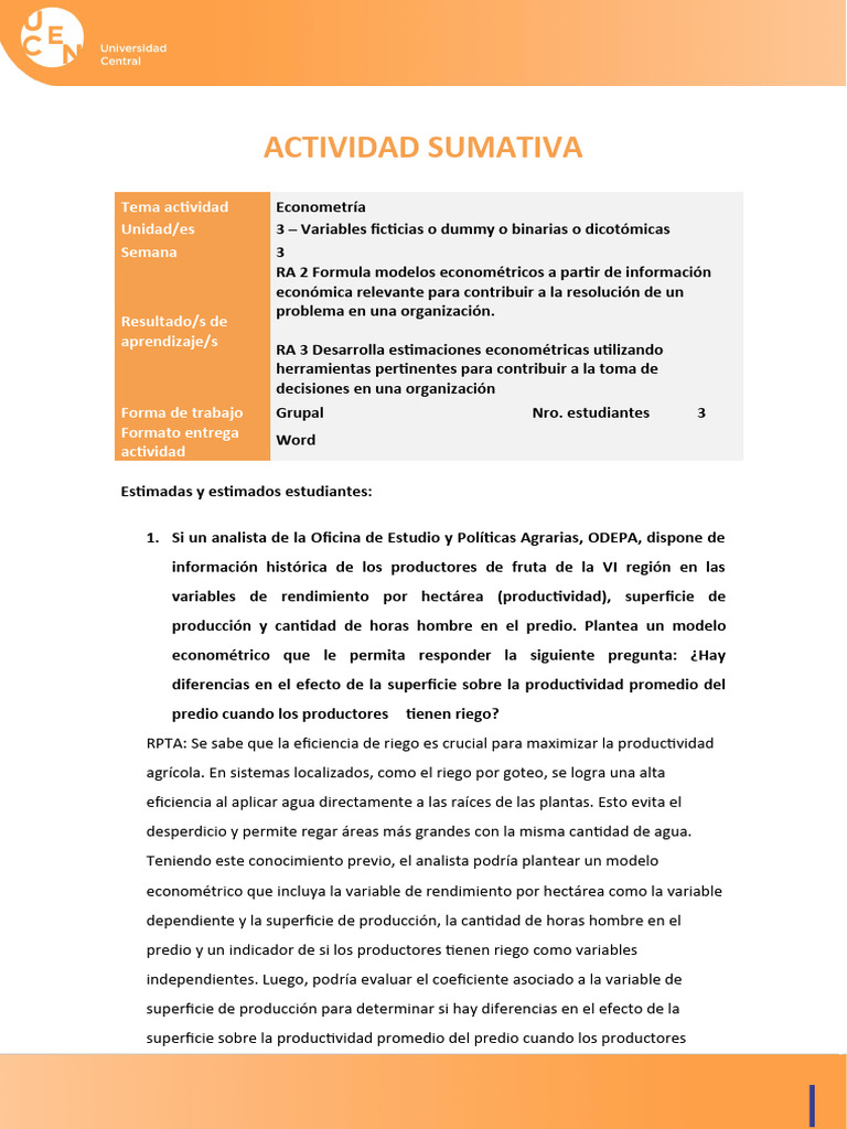 Actividad Sumativa Semana 3 - SOLUCIONARIO | PDF | Riego | Análisis de regresión