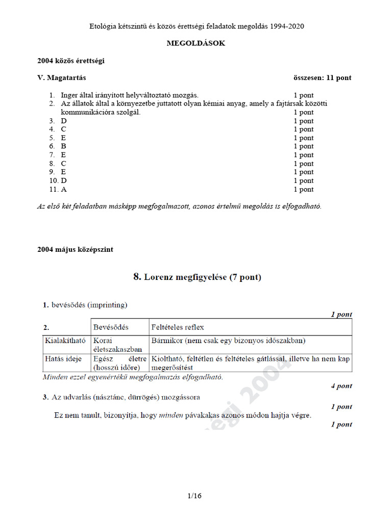 Etologia Ketszintu Es Kozos Erettsegi Feladatok 1994 2020 Megoldasok | PDF