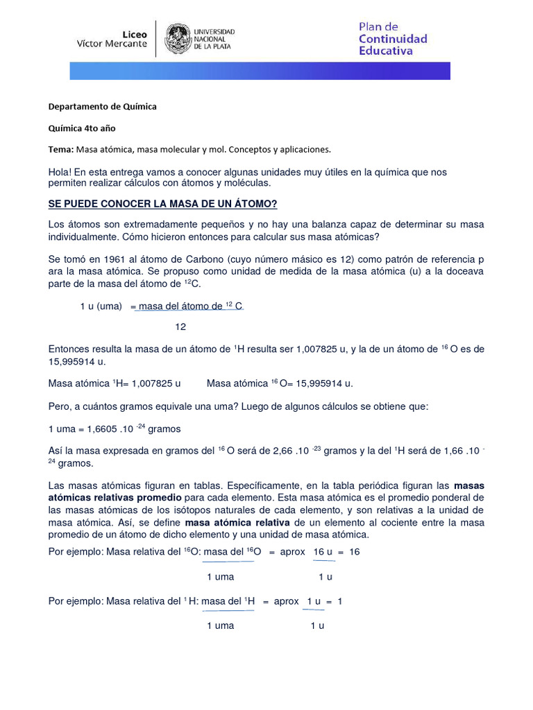 Guía 2 Masa Atómica, Masa Molar y Mol. Conceptos y Aplicaciones | PDF | Mole (Unidad) | Moléculas