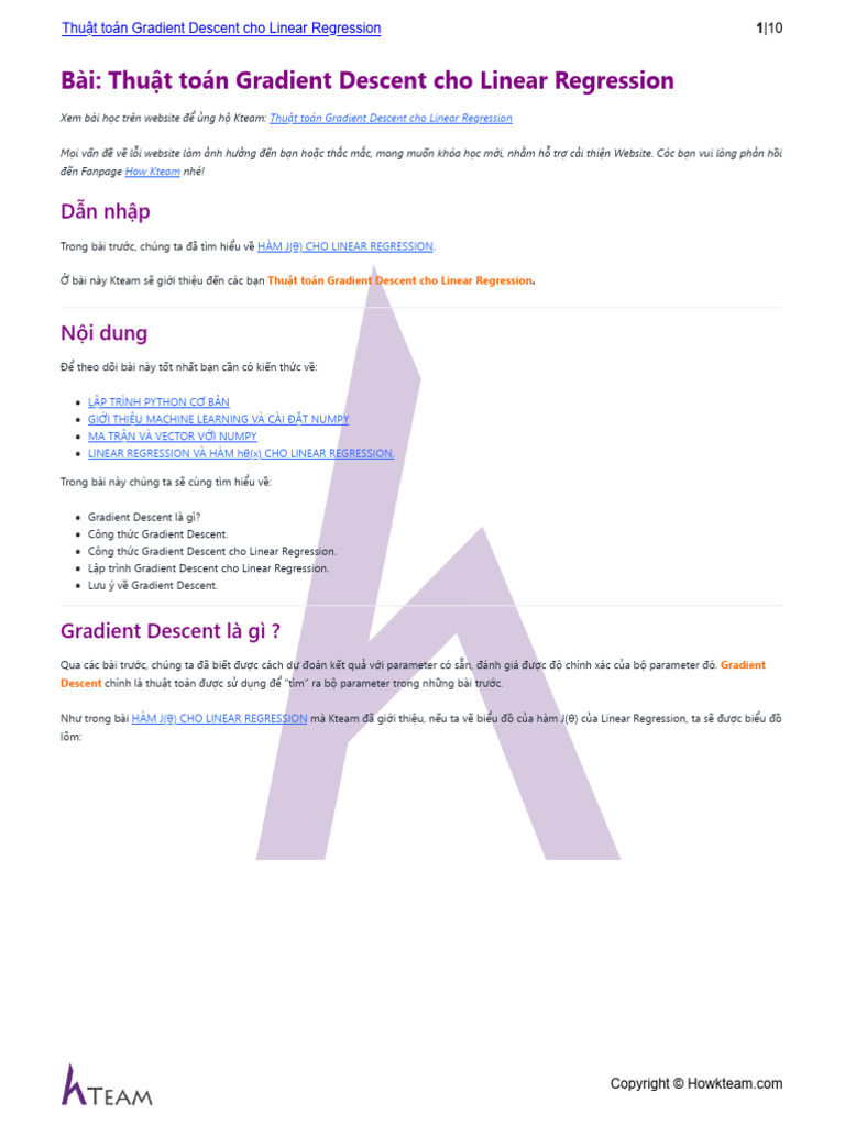 HOWKTEAM.VN - Thuật toán Gradient Descent cho Linear Regression | PDF