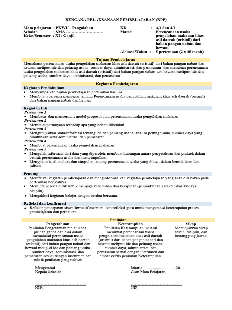 RPP Perencanaan Usaha Pengolahan Makanan Khas Asli Daerah (Orisinil ...