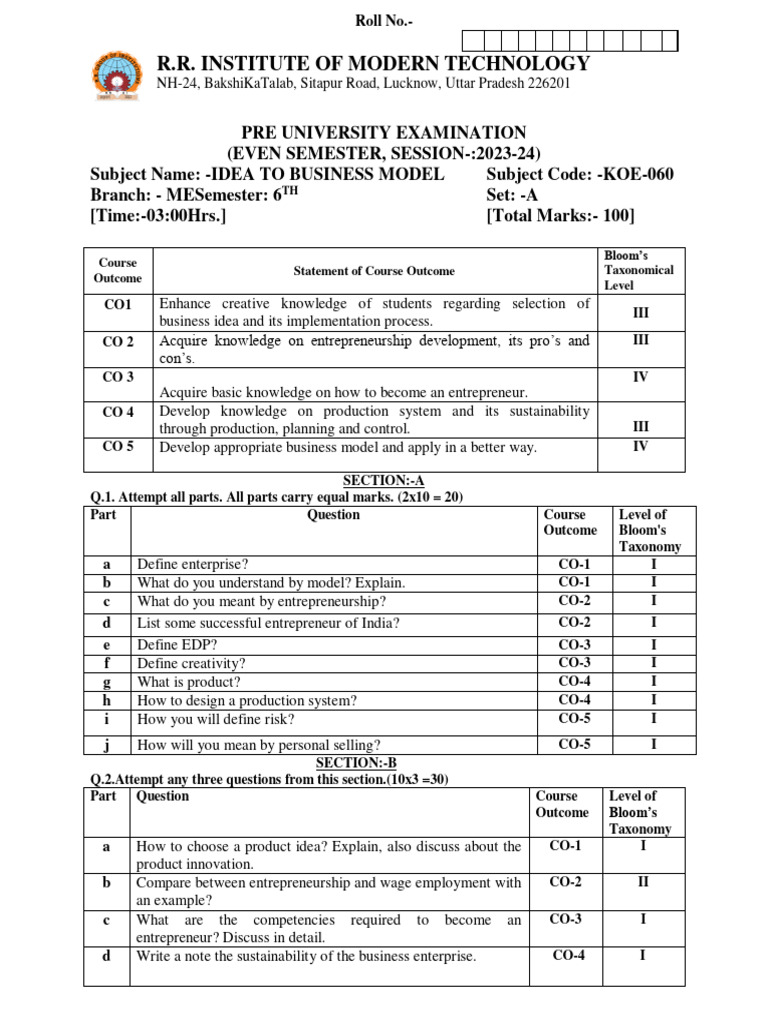 Koe-060 Idea To Business Model Put Paper Set A & B Even Sem 2023-24 | PDF | Entrepreneurship ...