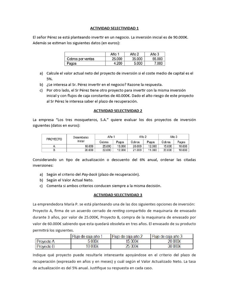 Actividades Selectividad | PDF | Valor presente neto | Economias