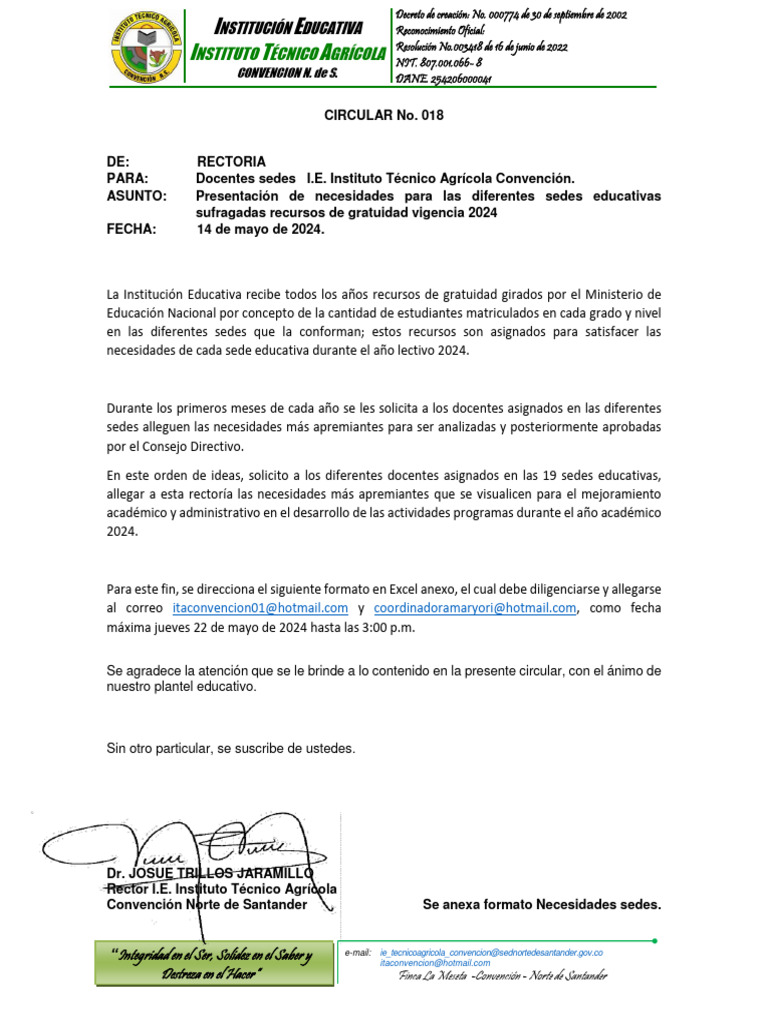 CIRCULAR No 018 NECESIDADES SEDES ITA CONVENCION 2024 | PDF