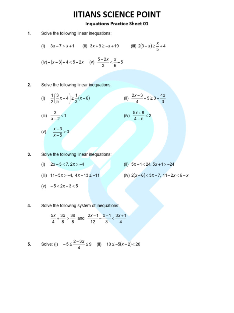 Inequations Practice Sheet 01 | PDF | Differential Calculus | Differential Equations