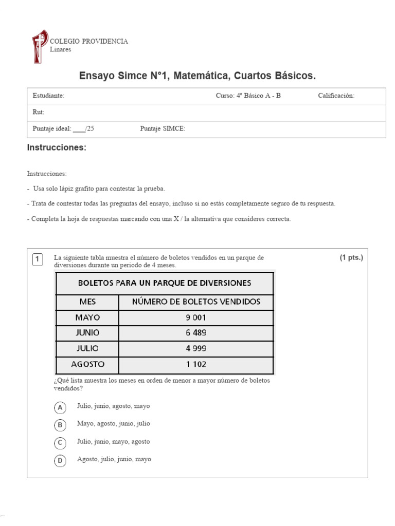 1 ENSAYO MATEMATICA CUARTOS BASICOS | PDF