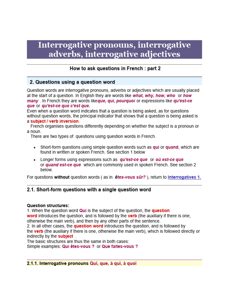 Interrogative Words French | PDF | Question | Semantics
