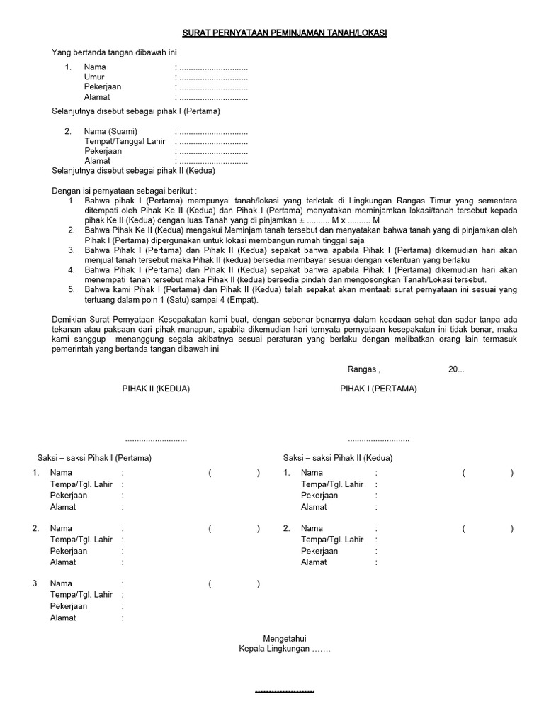 Surat Pernyataan Peminjaman Tanah | PDF