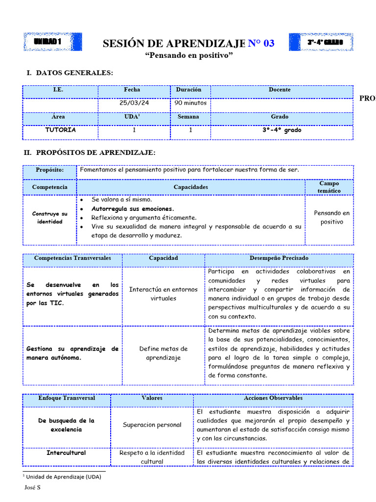 SESIÓN 3 - PENSANDO EN POSITIVO - TUTORIA 3RO-4TO | PDF | Aprendizaje | Las emociones