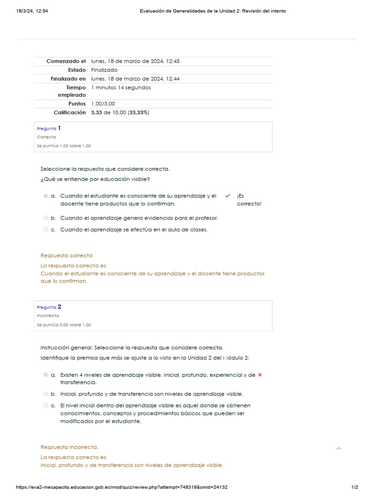 Evaluación de Generalidades de la Unidad 2_ Revisión del intento | PDF | Evaluación | Teoría de ...