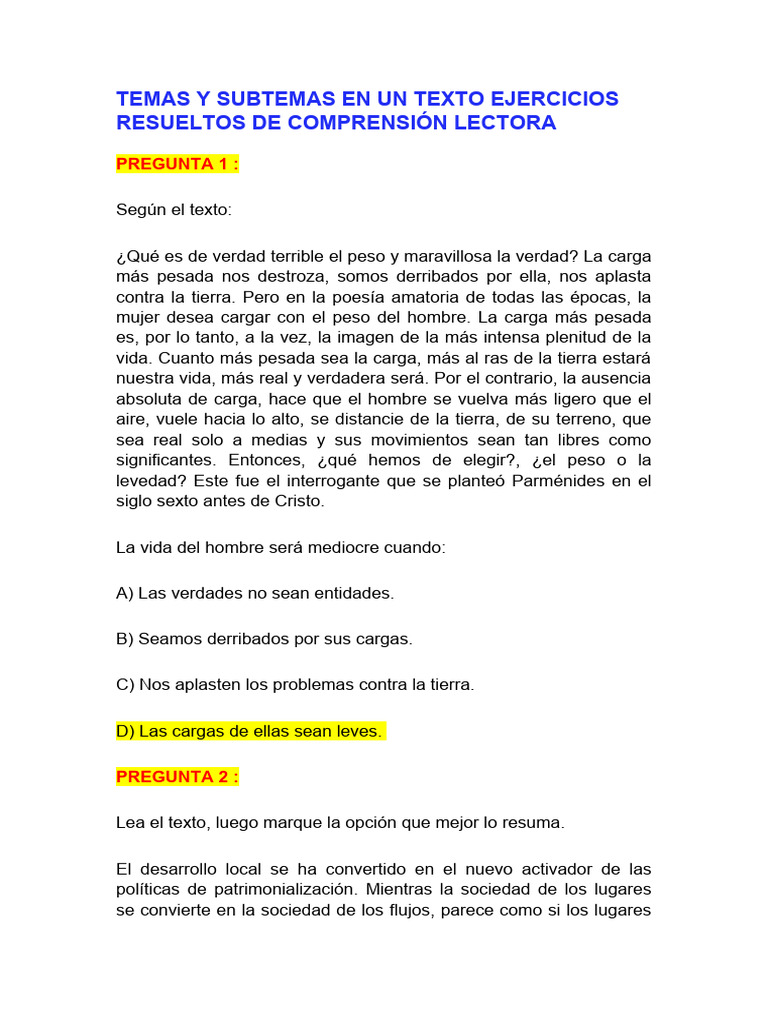 Temas y Subtemas en Un Texto Ejercicios Resueltos | PDF | Existencia ...