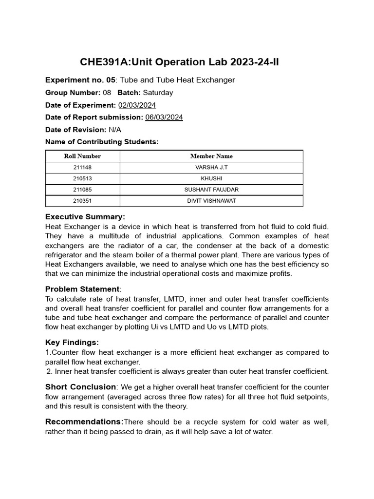 CHE391A - Unit Operation Lab 2023-24-II | PDF | Heat Exchanger | Water ...