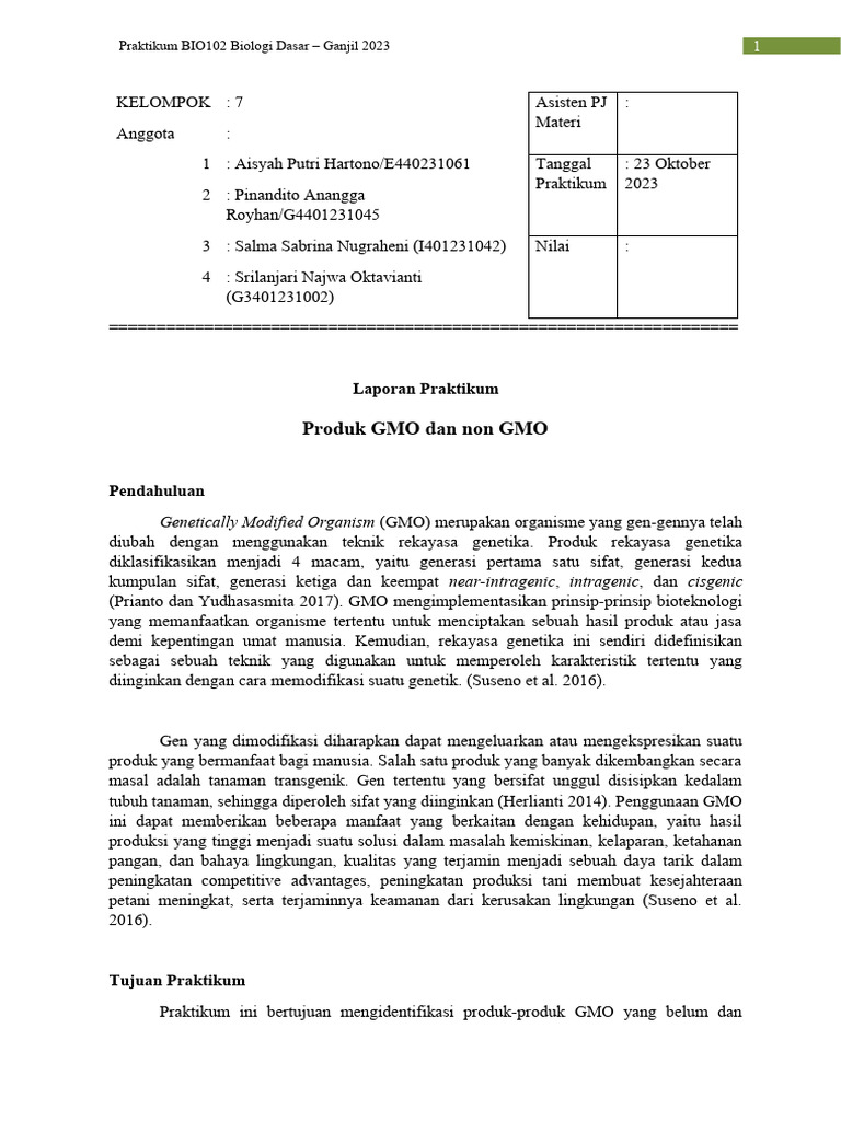 BIO1102 - 2023 - Ganjil - 08a - LEMBAR KERJA - Produk GMO Dan Non GMO | PDF