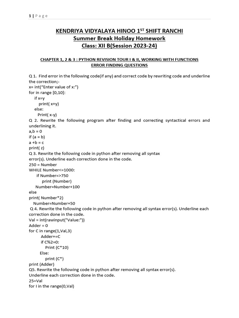 CHAPTER 1,2,3 Holiday HOMEWORK CLASS XII COMPUTER SCIENCE | PDF | Parameter (Computer ...
