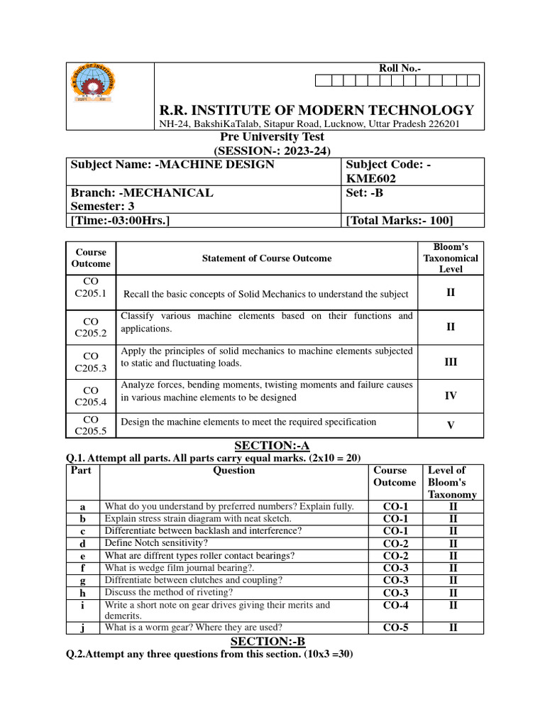 Machine Design Pre-University Test | PDF | Gear | Strength Of Materials