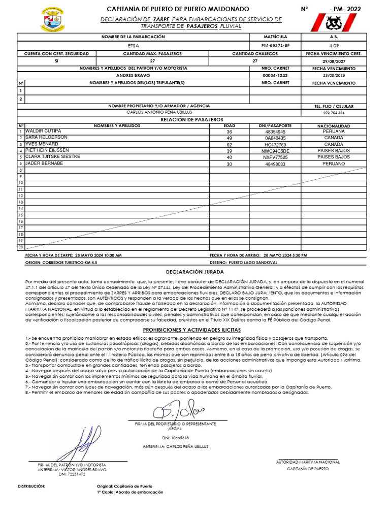 Declaración de Zarpe Embarcaciones Fluviales | PDF