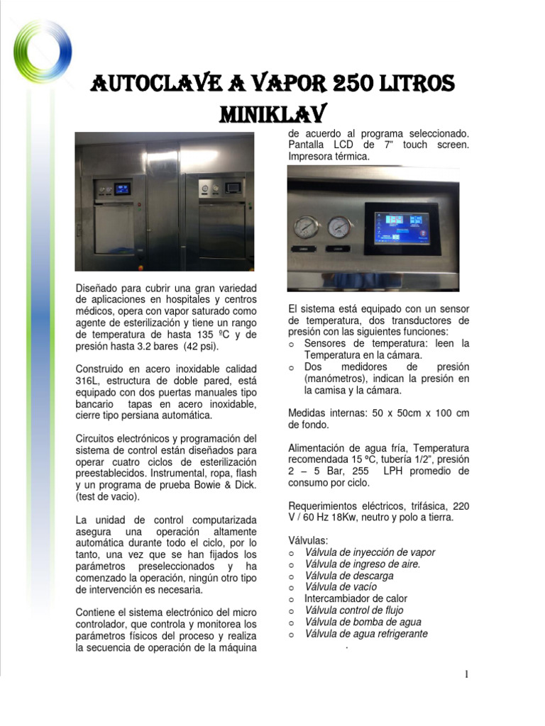 Ficha Tecnica Miniklav 250 Lts | PDF | Presión | Agua