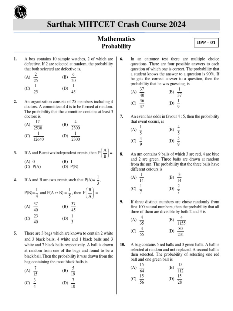Probability - DPP 01 - Sarthak MHT-CET Crash Course 2.0 | PDF | Multiple Choice | Probability Theory