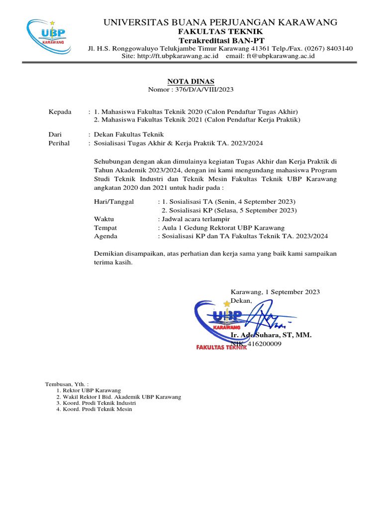 376 Nota Dinas Undangan Mahasiswa Sosialisasi Kerja Praktik Dan Tugas Akhir Fakultas Teknik TA ...
