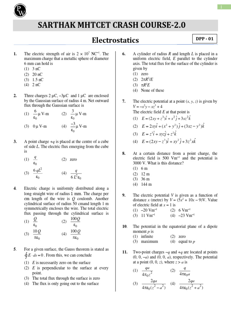 Electrostatics - DPP 01 (Of Lec 03) - Sarthak MHT-CET Crash Course 2.0 | PDF | Dielectric ...