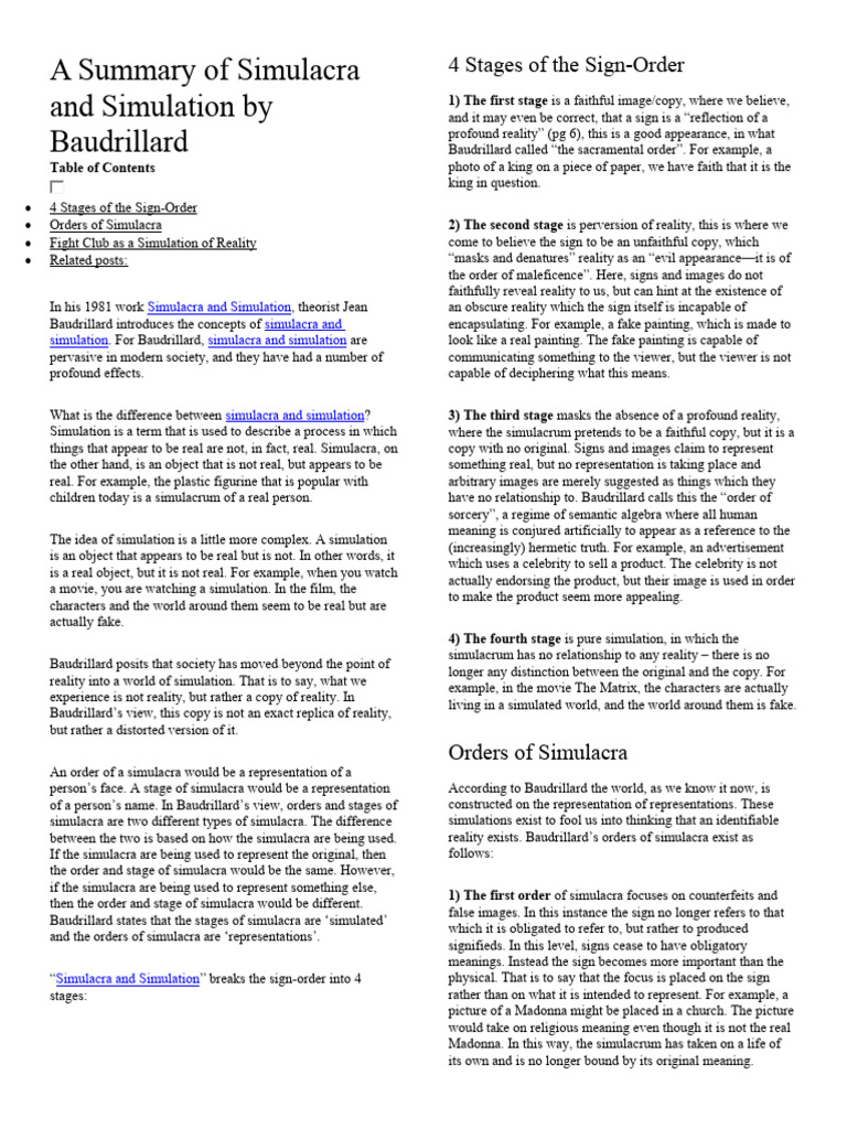 A Summary of Simulacra and Simulation by Baudrillard | PDF