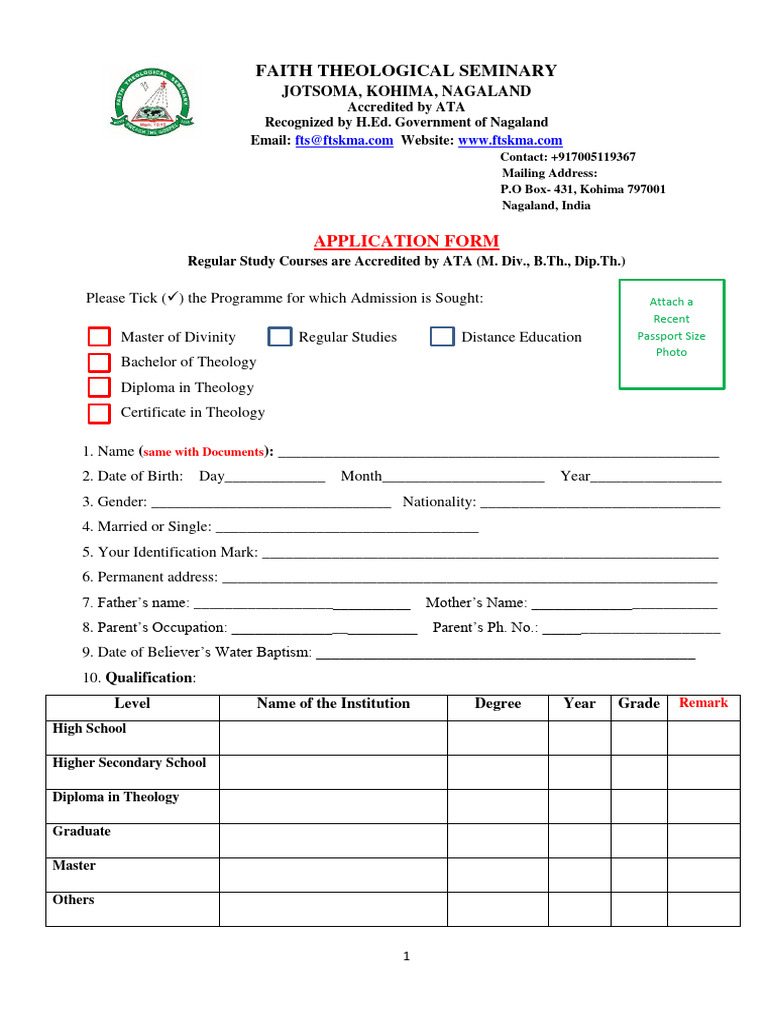Faith Theological Seminary: Application Form | PDF