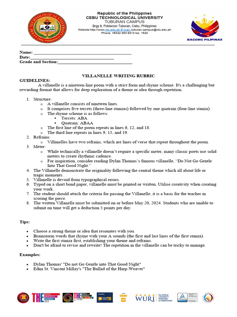 Villanelle Writing Rubric Guide | PDF | Poetry | Poetics