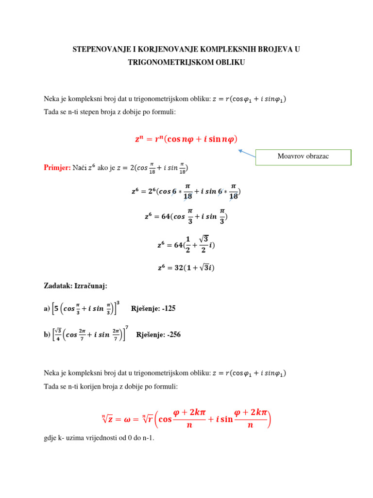 Stepenovanje I Korjenovanje Kompleksnih Brojeva U Trigonometrijskom ...