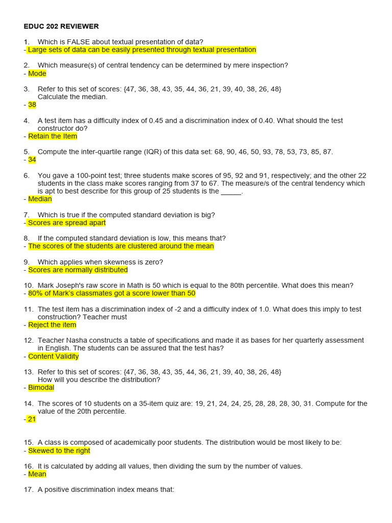 Educ 202 Reviewer | PDF | Validity (Statistics) | Statistics
