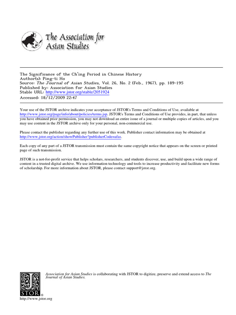 The Significance of The Ch'Ing Period in Chinese History (Ho Ping-Ti) | PDF