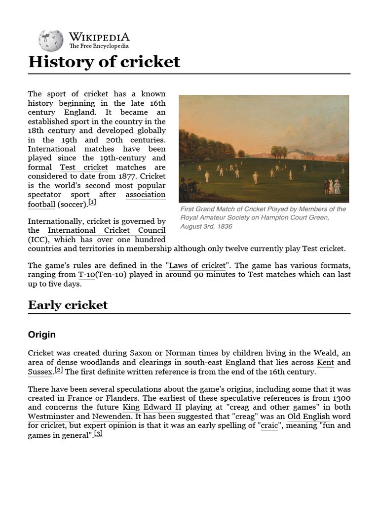History of Cricket - Wikipedia | PDF | Cricket | Bowling (Cricket)
