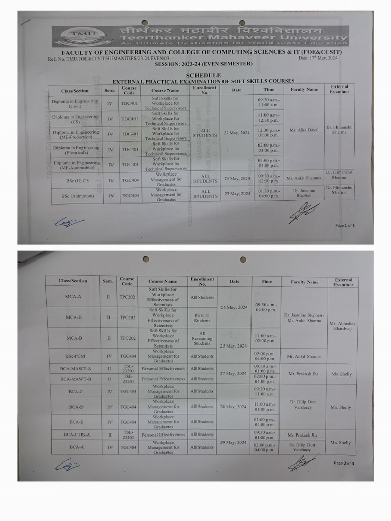 Schedule of Soft Skills External Practical | PDF