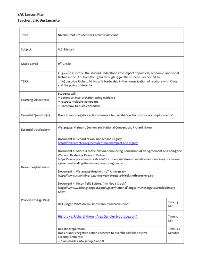eric bustamante sac lesson plan | Download Free PDF | Richard Nixon ...