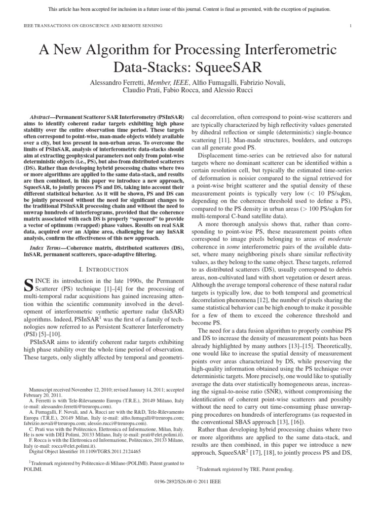 2011 A New Algorithm For Processing Interferometric Data-Stacks SqueeSAR | PDF