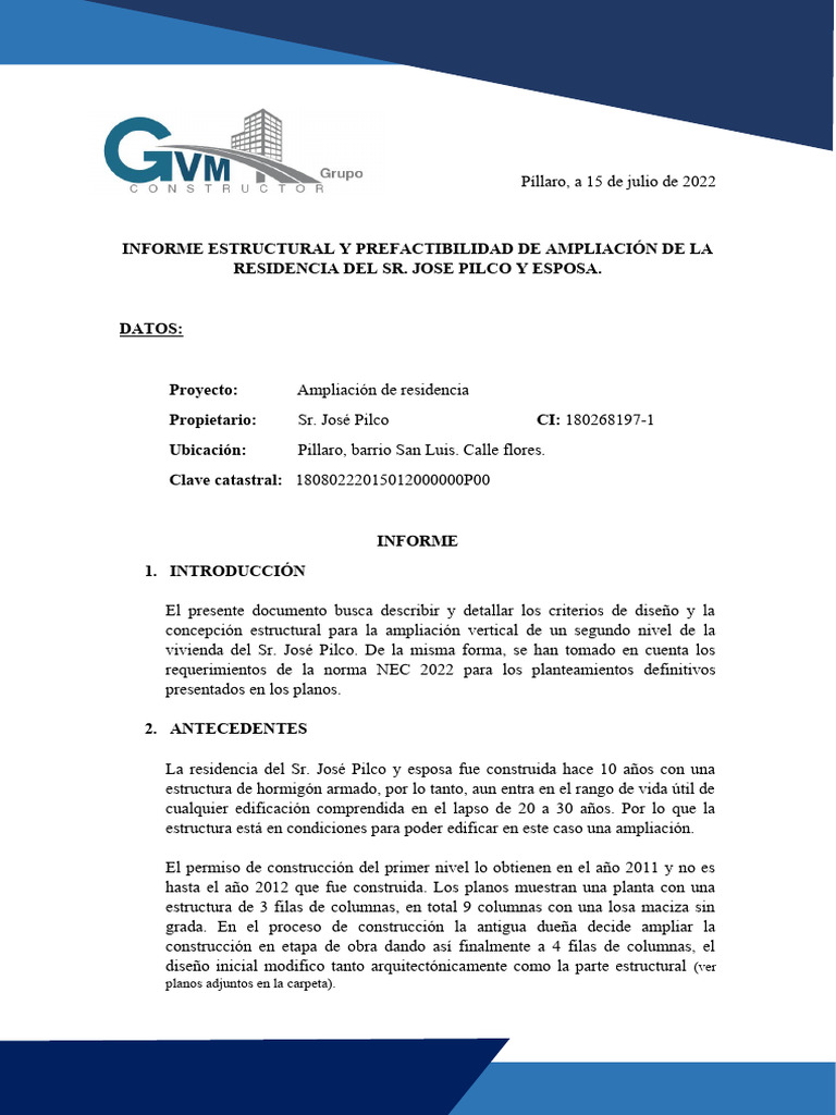 Informe Estructural de Ampliación | PDF | Fundación (Ingeniería) | Columna