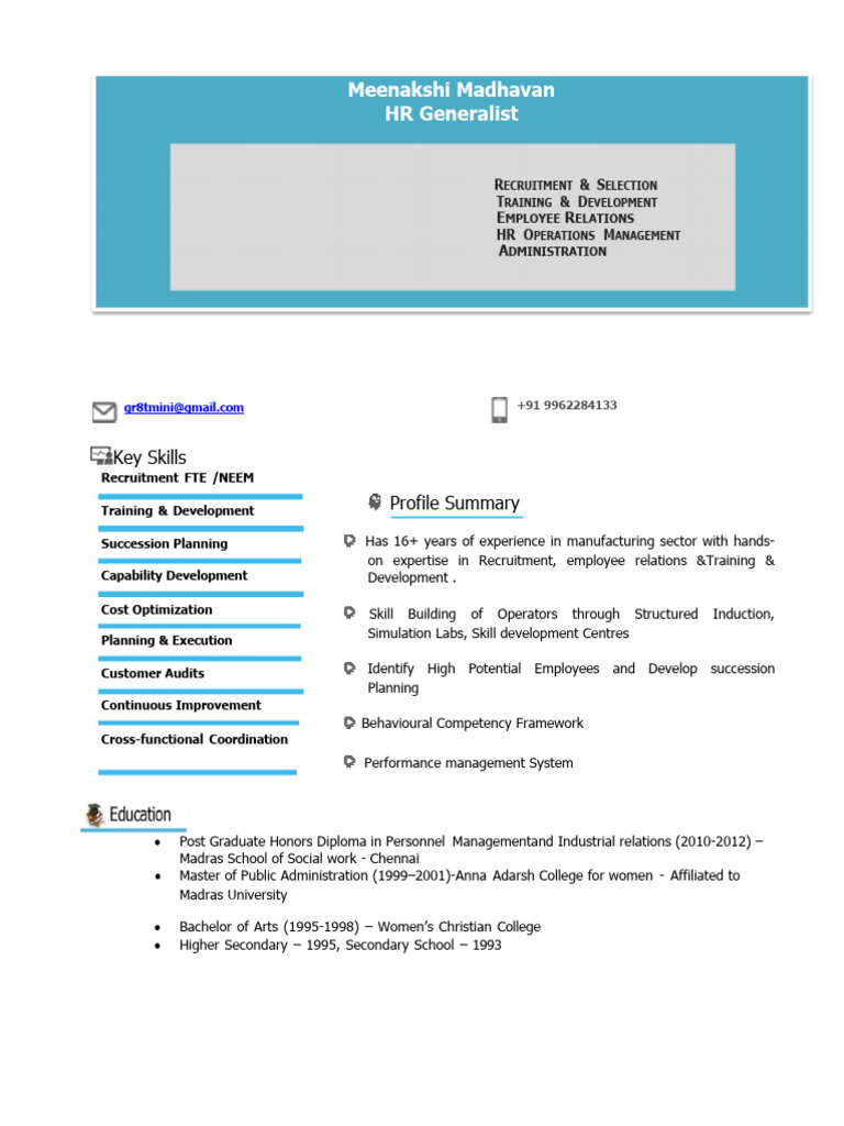 Resume - Meenakshi Madhavan - HR | PDF | Recruitment | Tamil Nadu
