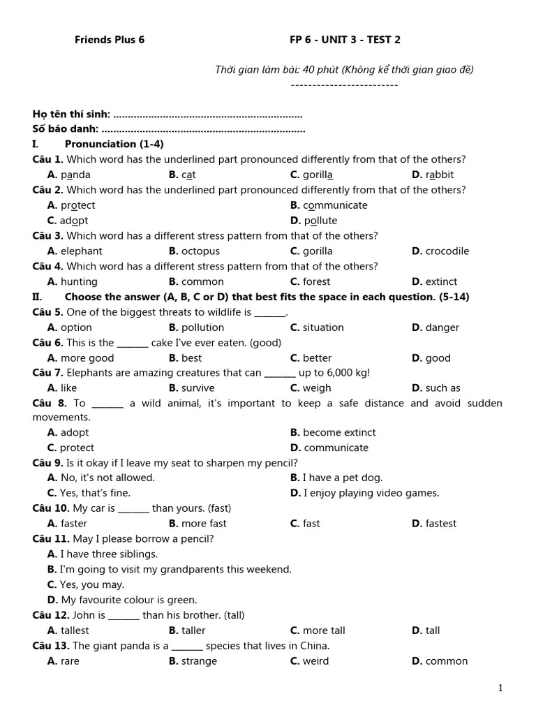 Friends Plus 6 Unit 3 Test 2 | PDF | Elephant | Zoology