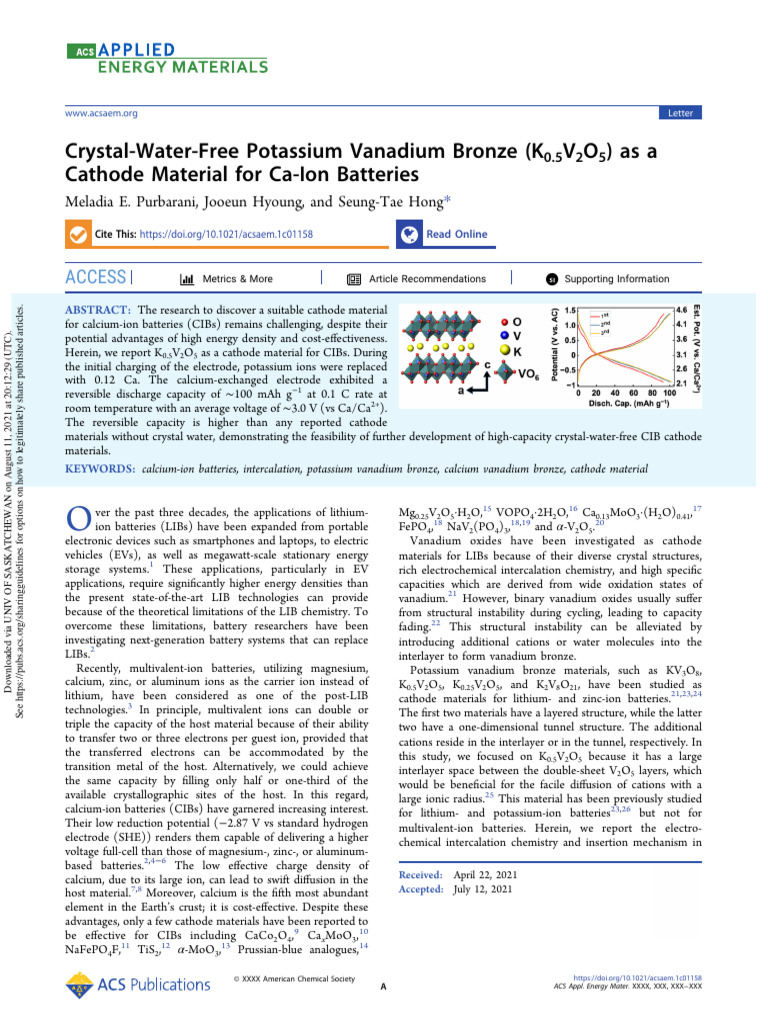 Crystal-Water-Free Potassium Vanadium Bronze (K0.5V2O5) As A Cathode ...