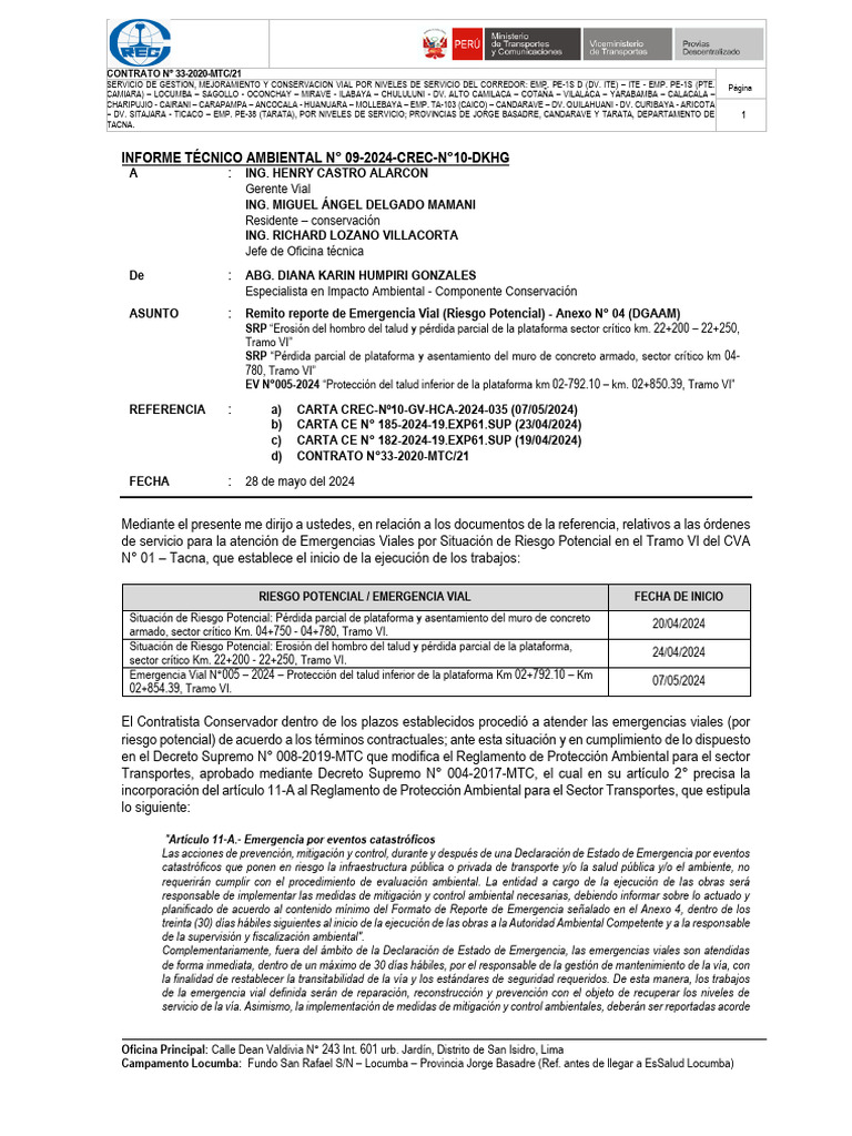 Informe Tecnico Ambiental #09-2024 (Reporte de Emergencia Vial - Formato 4) | PDF | Ciencia y ...
