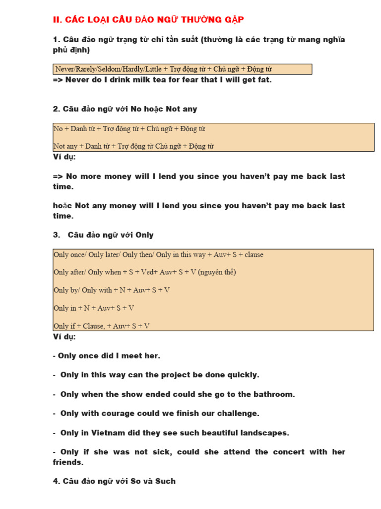 Ii. Các Lo I Câu Ong TH NGGP: Never/Rarely/Seldom/Hardly/Little + TR Đ NG T + CH NG + Đ NG T | PDF