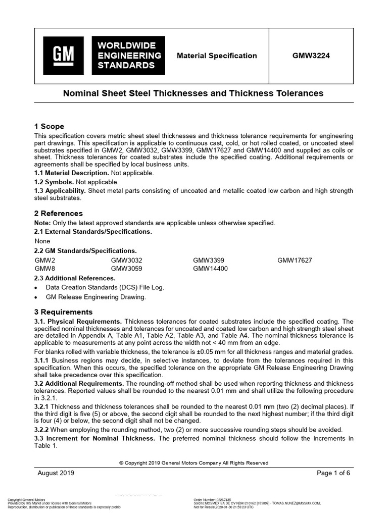 GMW3224-2019-08 - (Nominal Sheet Steel Thicknesses and Thick Tolerances ...